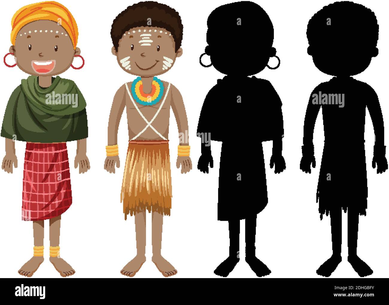 Set of people of African tribes character with its silhouette ...