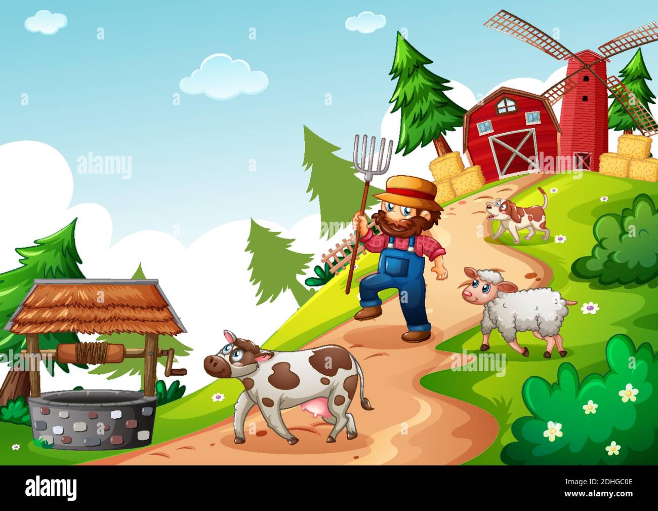 Farmer with animal farm in farm scene in cartoon style illustration ...