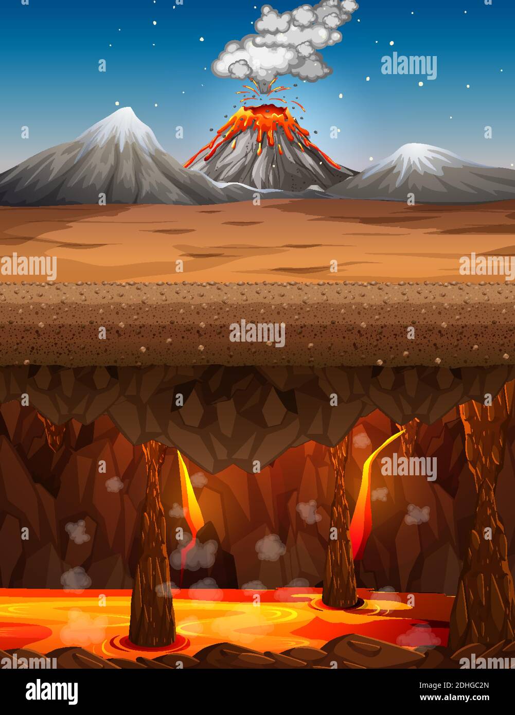 Volcano eruption in nature scene at daytime and infernal cave with lava ...