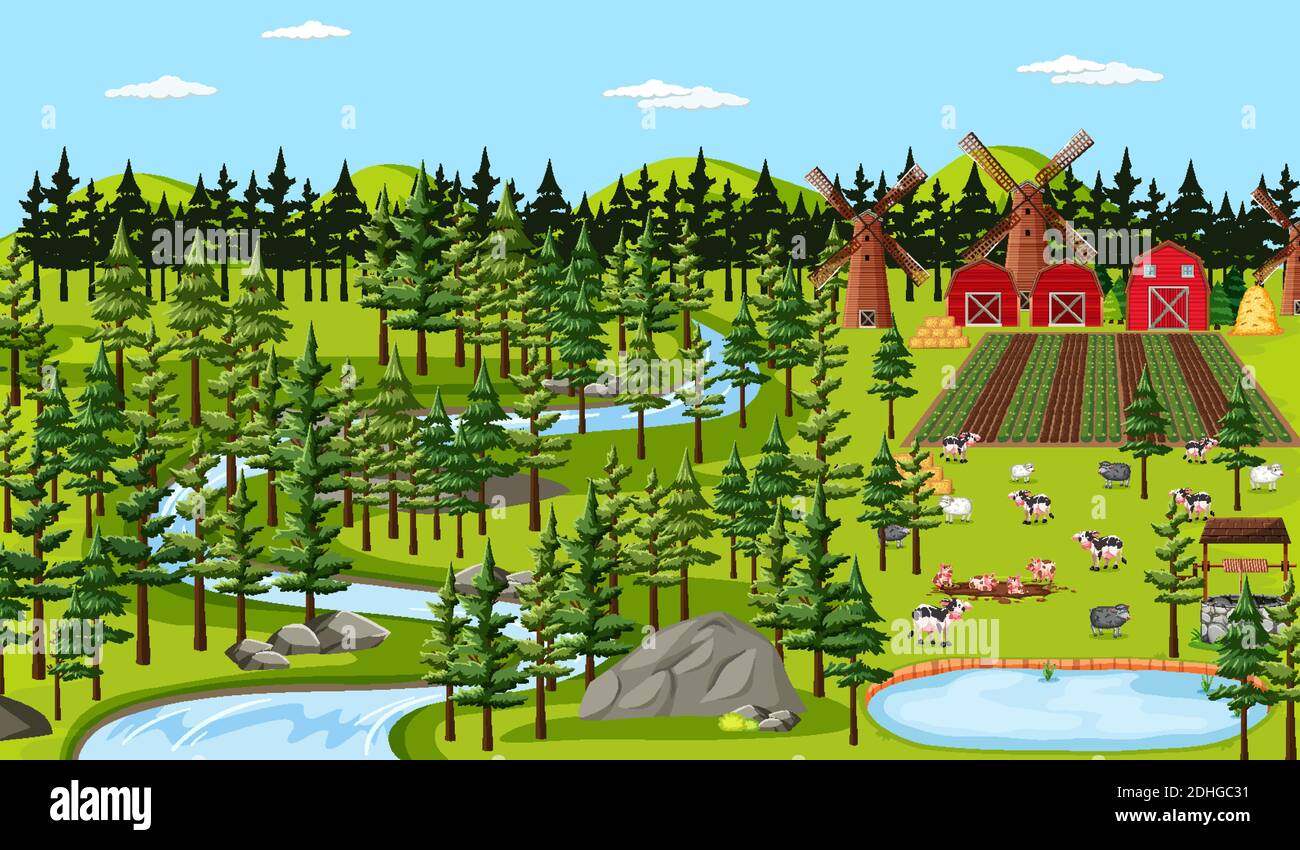 Farm nature with barns landscape scene illustration Stock Vector Image ...