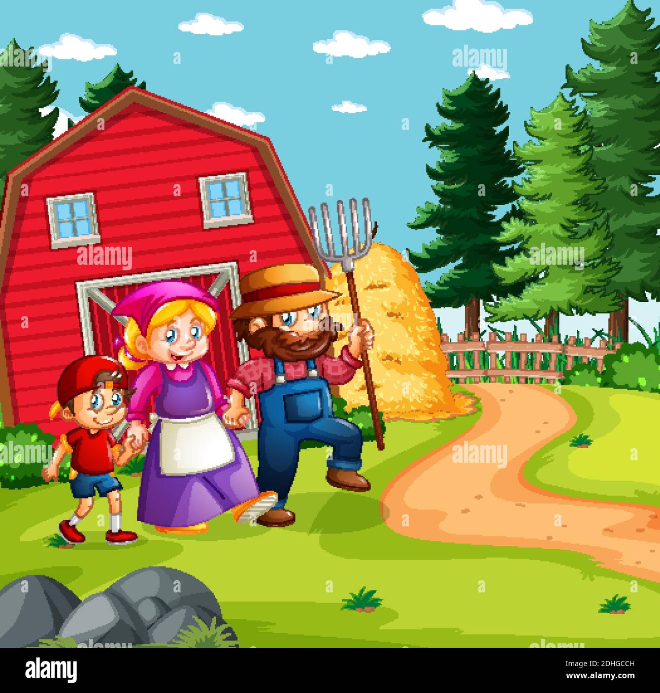 Happy family in farm scene in cartoon style illustration Stock Vector ...