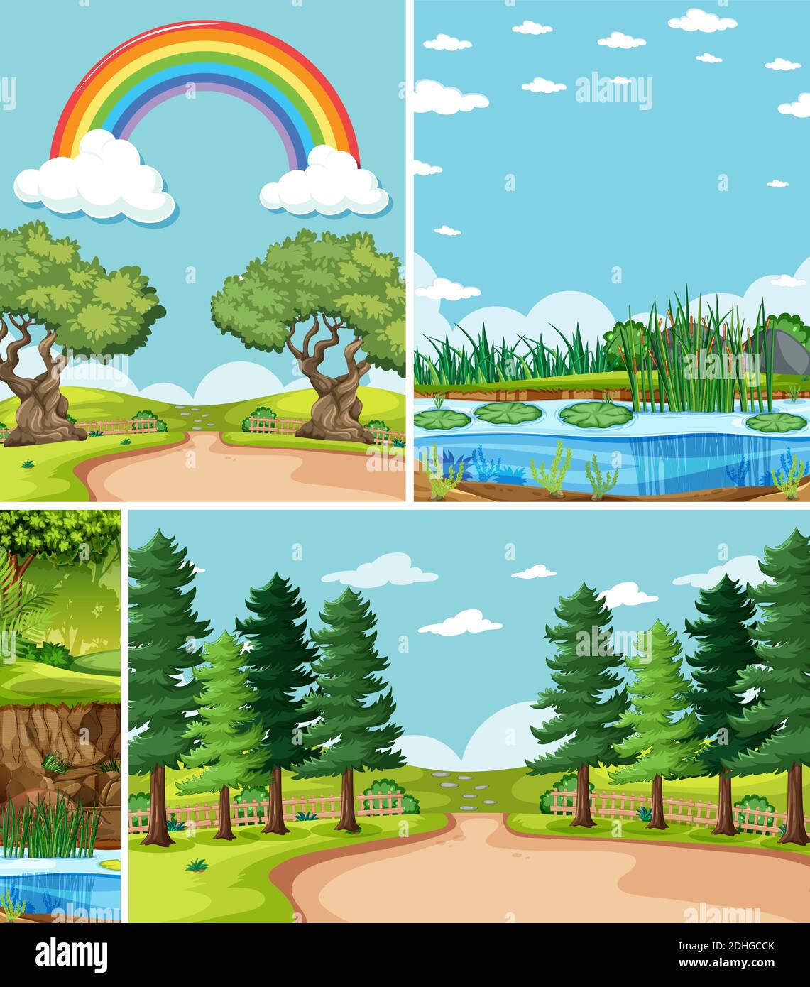 Four different scenes in nature setting cartoon style illustration ...