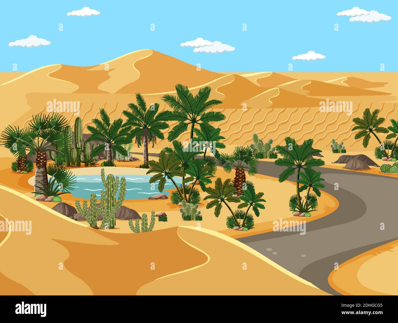 Desert oasis with palms and road nature landscape scene illustration ...