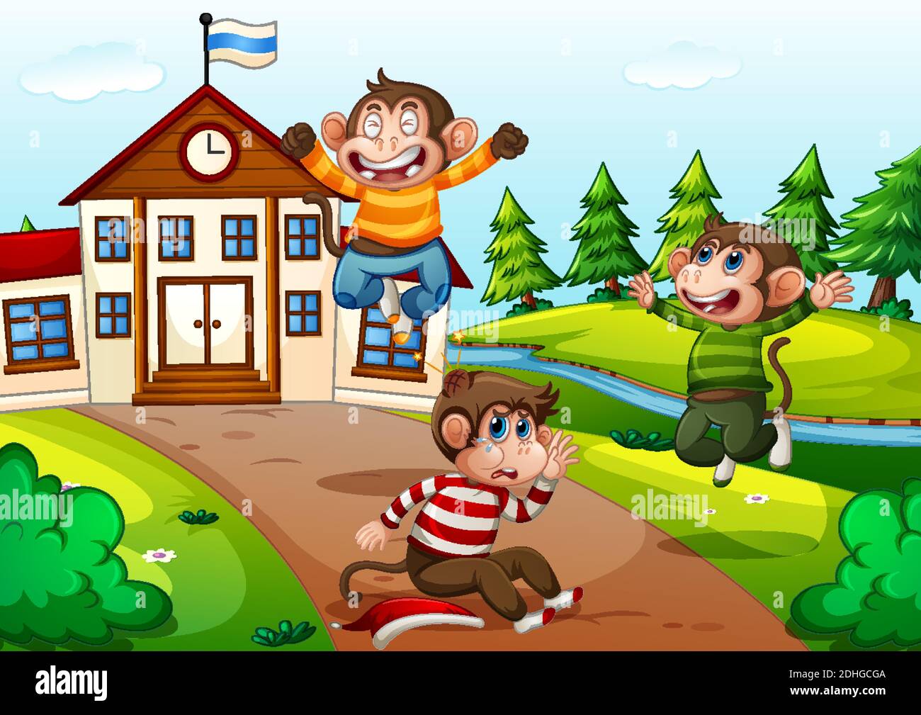 Three monkeys playing in the school scene illustration Stock Vector ...