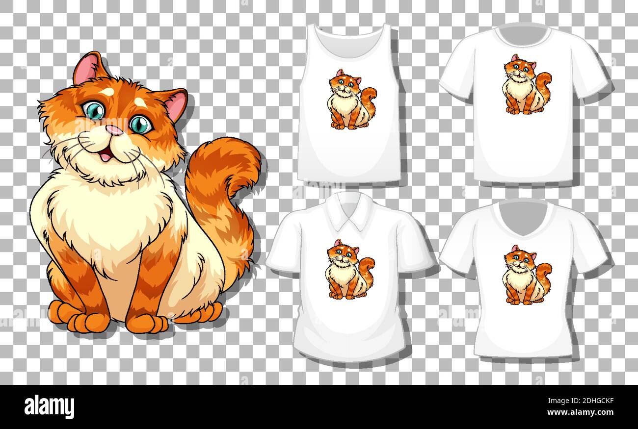 Cat cartoon character with set of different shirts isolated on ...
