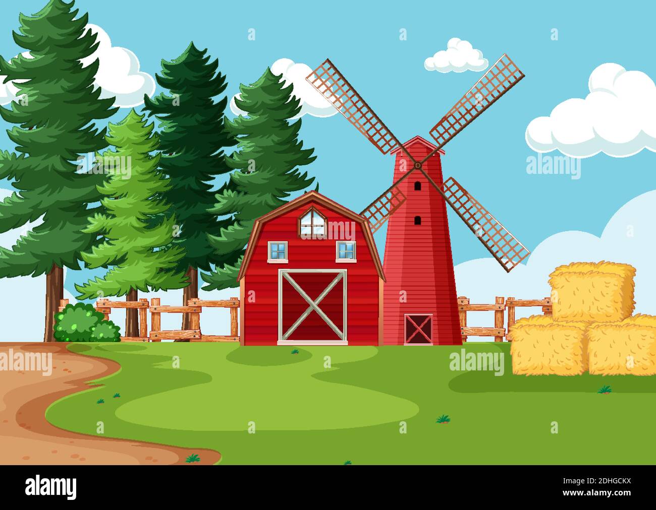 Red barn and windmill in farm scene illustration Stock Vector Image ...