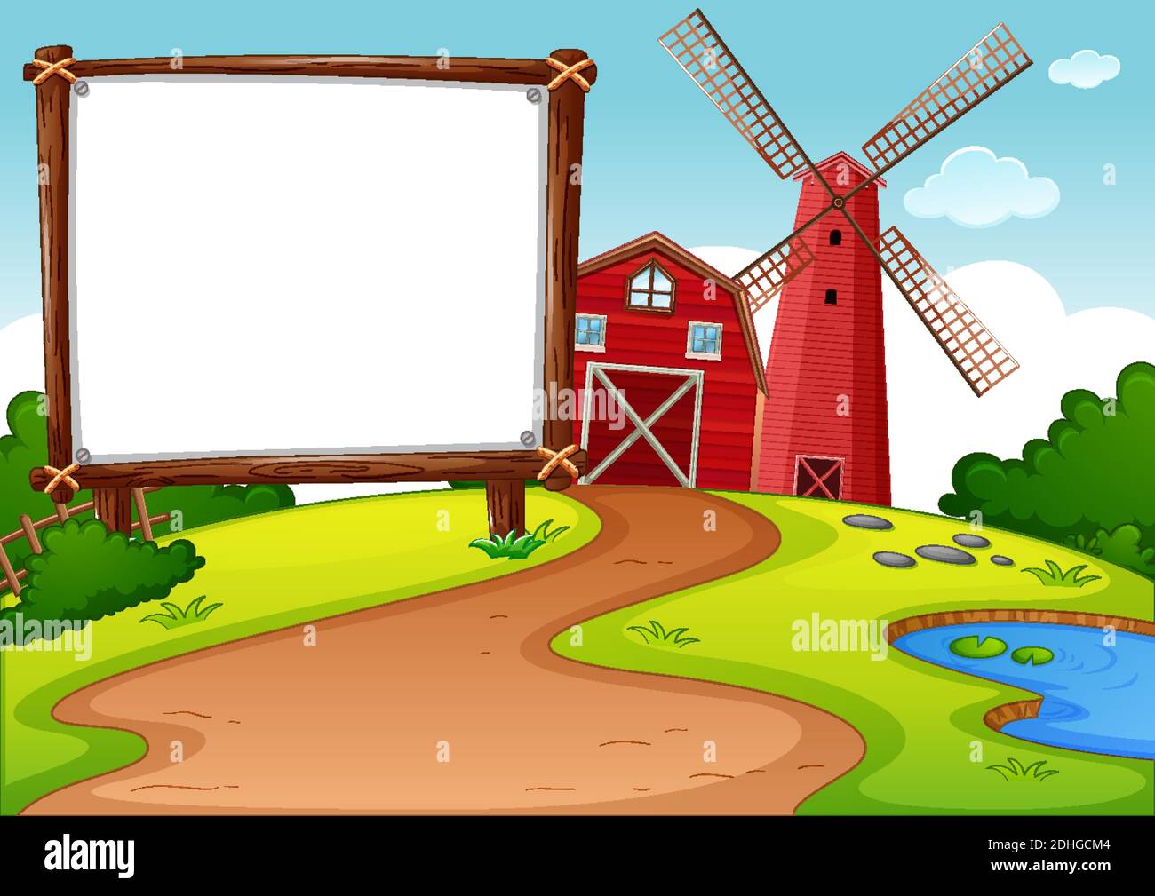 Blank banner in farm with red barn and windmill scene illustration ...