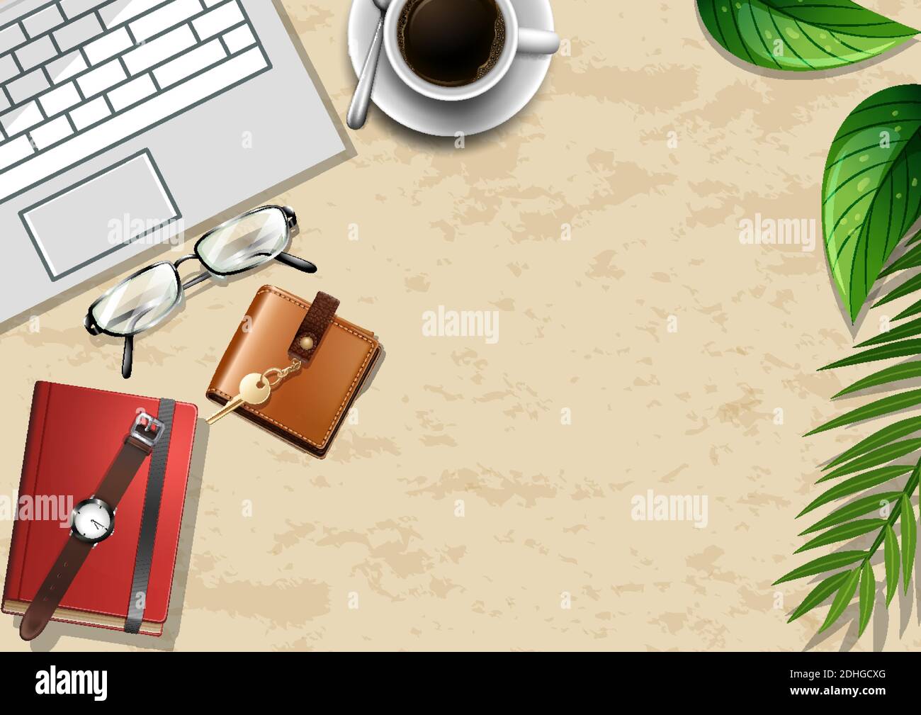 Top view office work table with office elements with green leaves ...