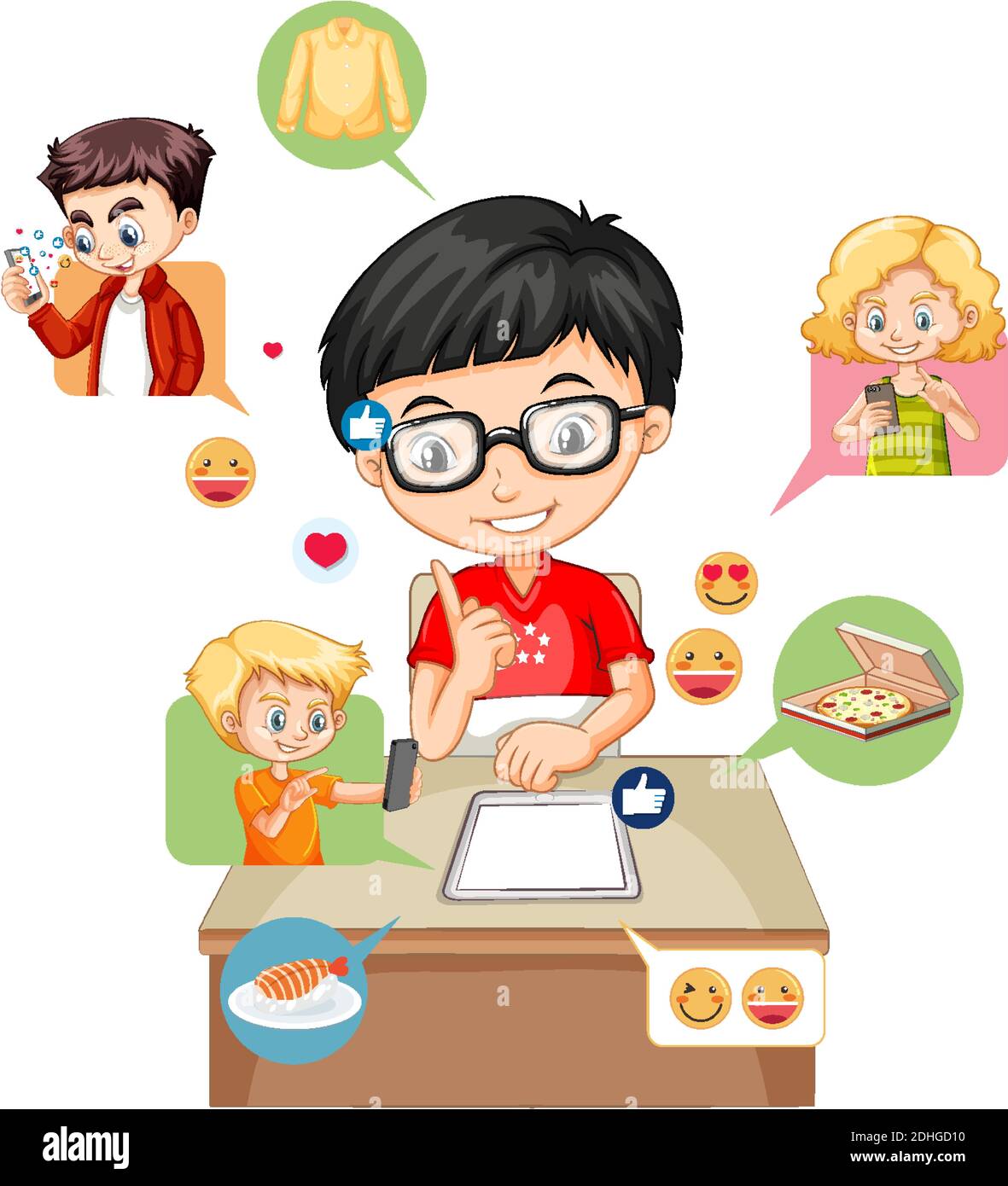 Children with social media elements on white background illustration ...