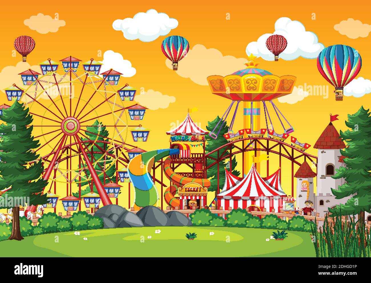 Amusement park scene at daytime with balloons in the sky illustration ...
