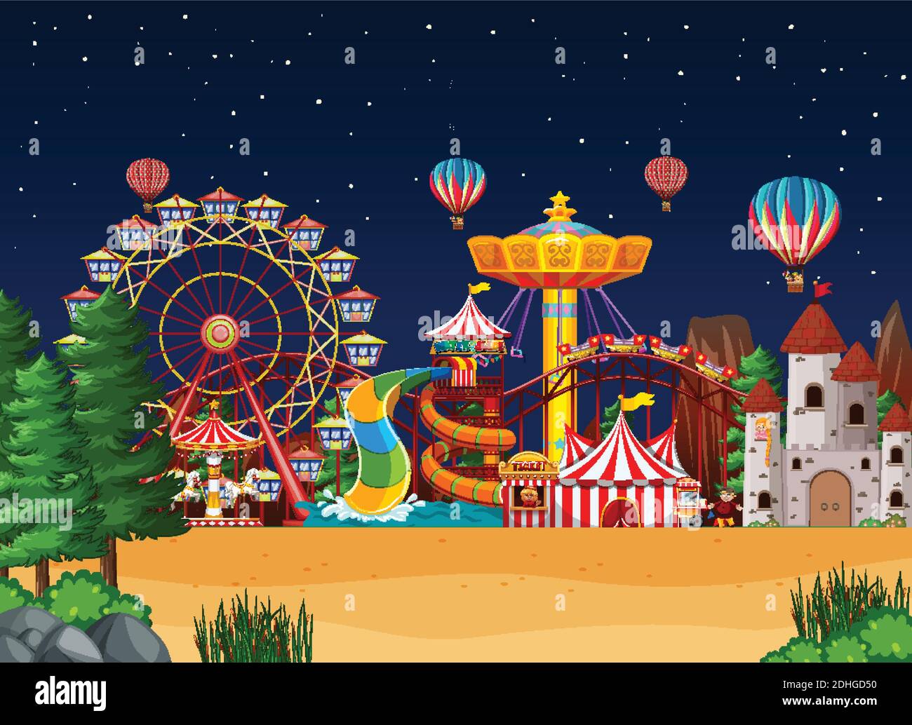 Amusement park scene at night with balloons in the sky illustration ...