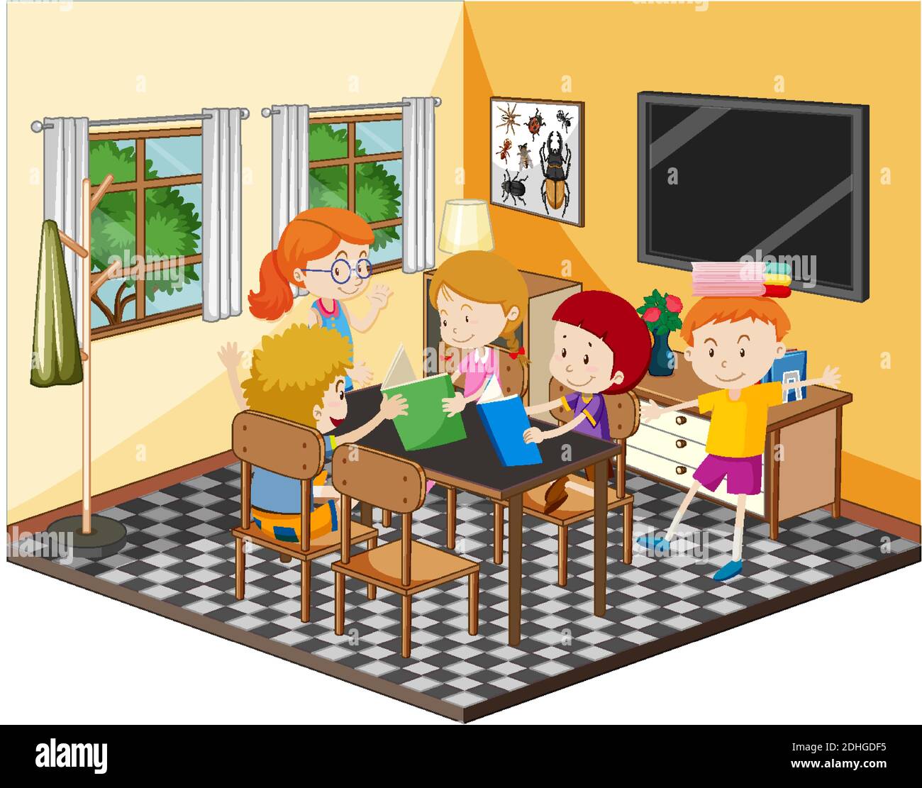 Happy children doing homework in the living room illustration Stock ...