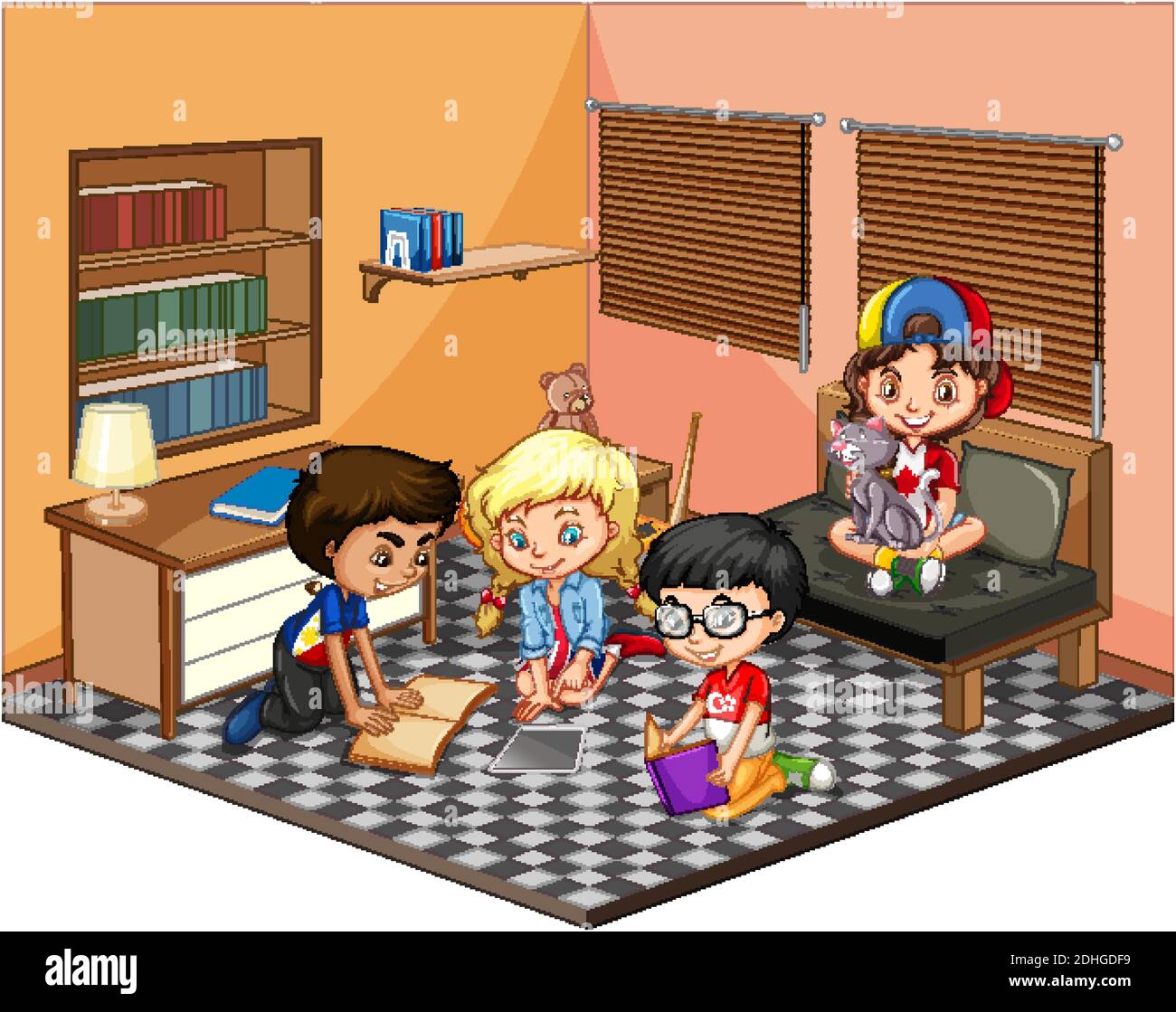 Kids in the living room scene on white background illustration Stock ...
