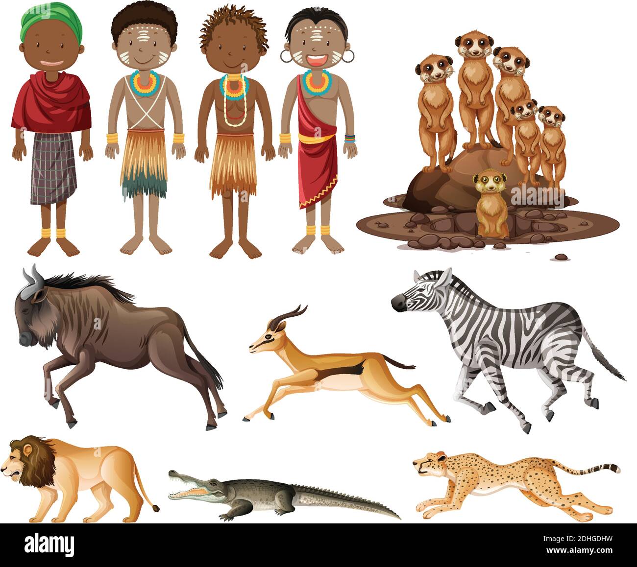Set of people of African tribes and wild animals illustration Stock ...