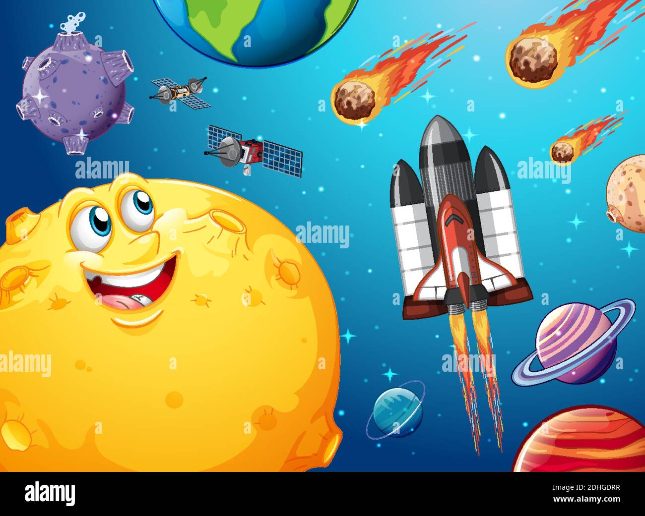 Moon with happy face on space galaxy theme background illustration ...