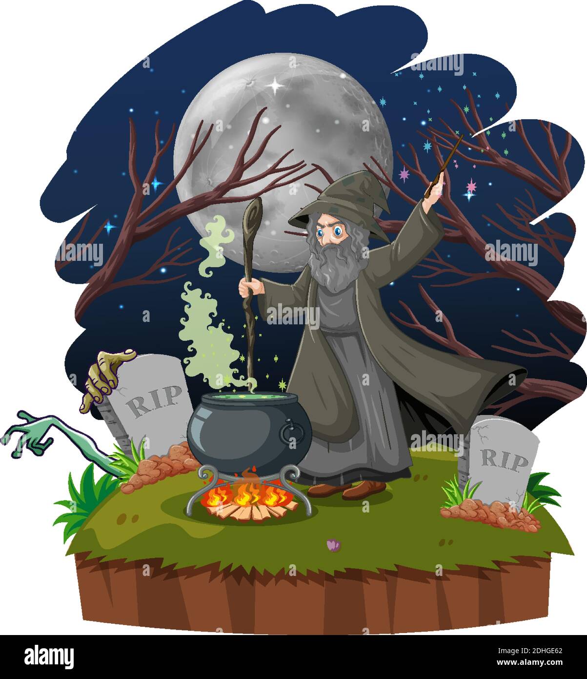 Wizard or witch with magic pot and tomb cartoon style isolated on white ...
