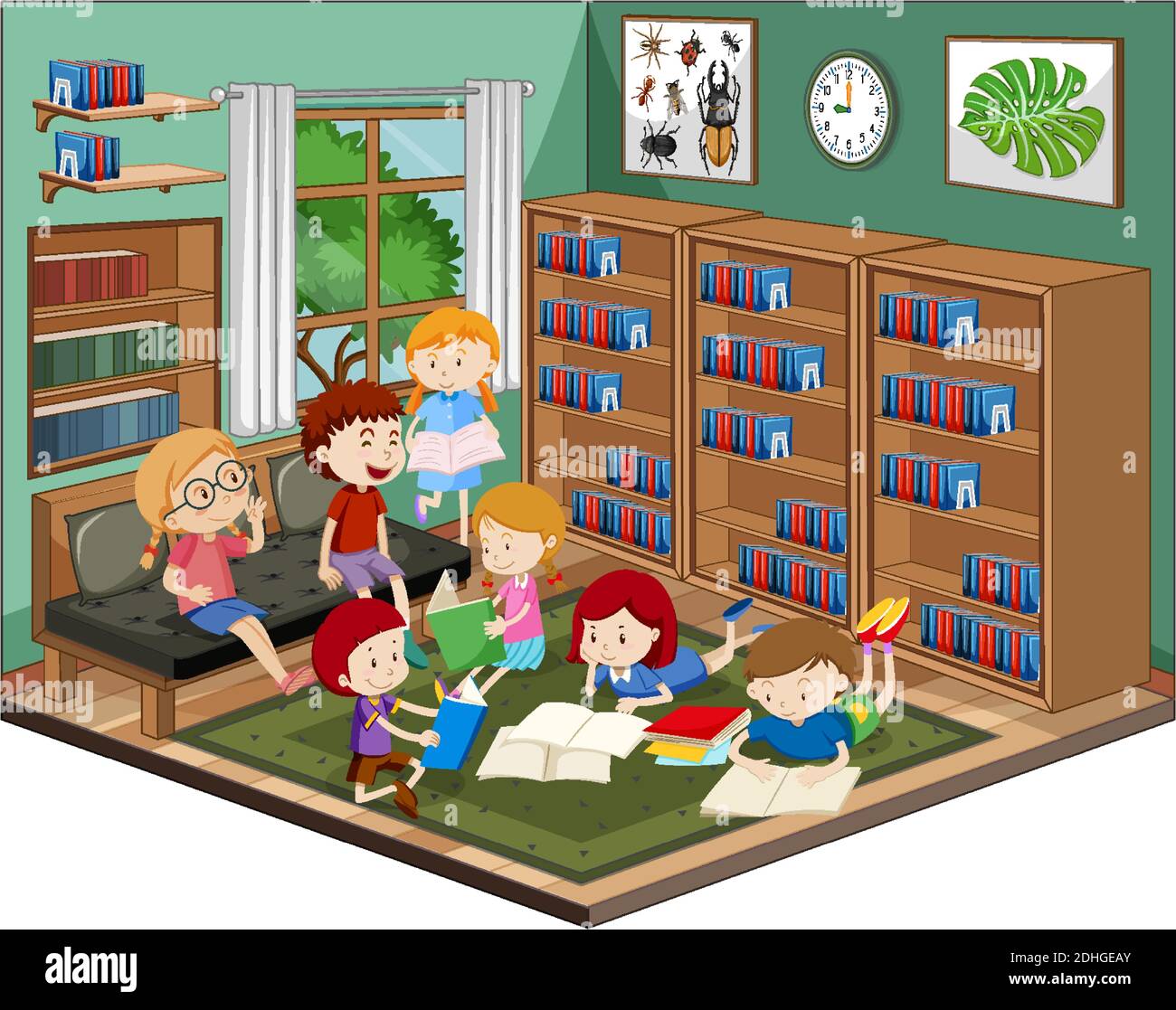 Children in the library with furnitures illustration Stock Vector Image ...