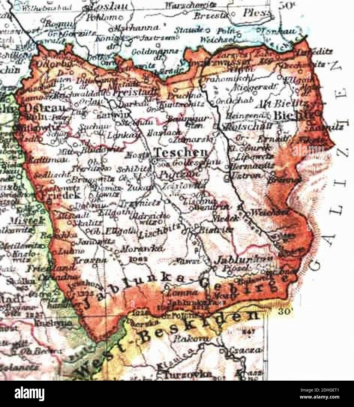 Księstwo Cieszyńskie (Herzogtum Teschen) - mapa niem. (1893 Stock Photo ...