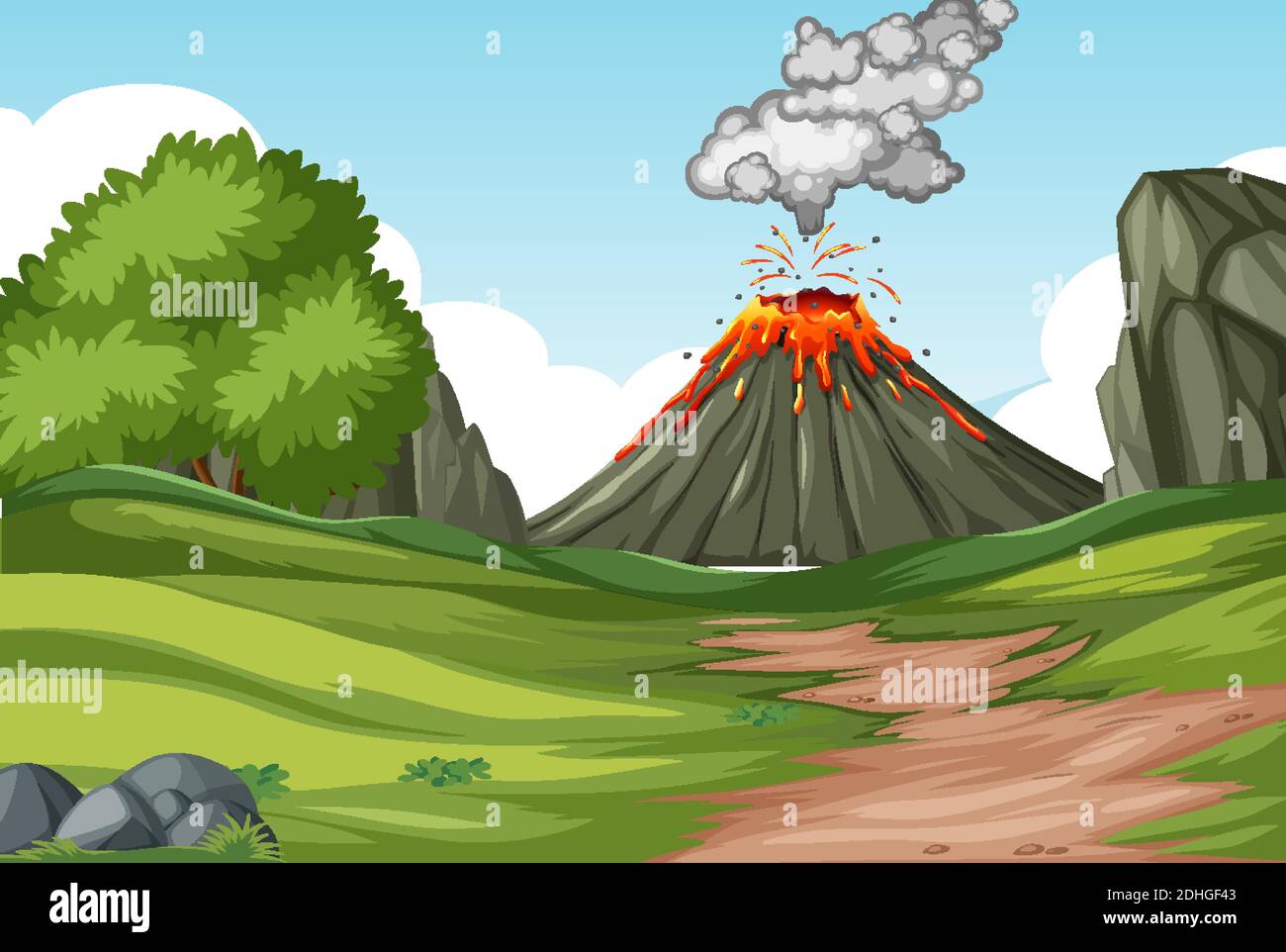 Volcano eruption in nature forest scene at daytime illustration Stock ...