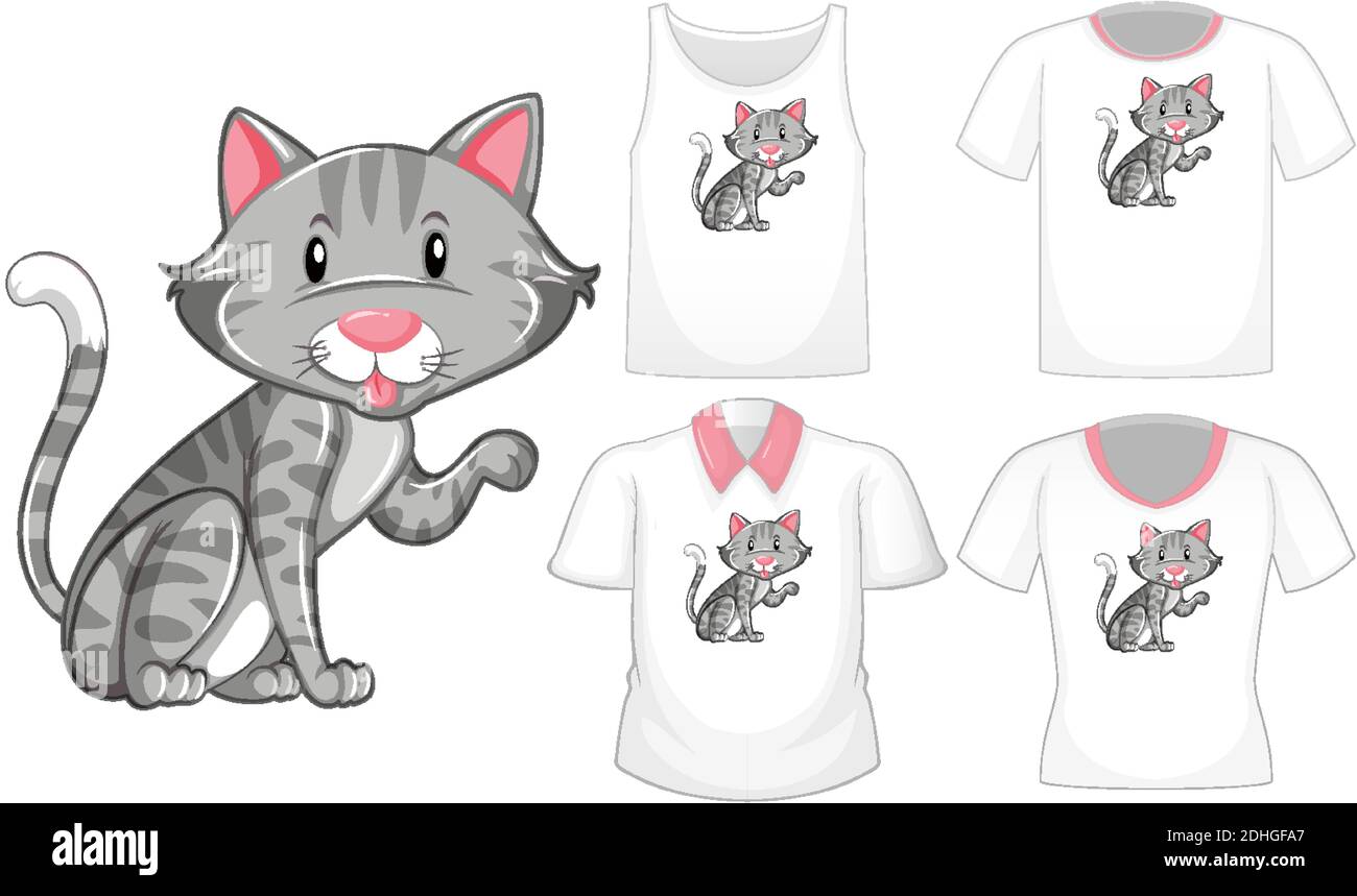 Cat cartoon character with set of different shirts isolated on white ...
