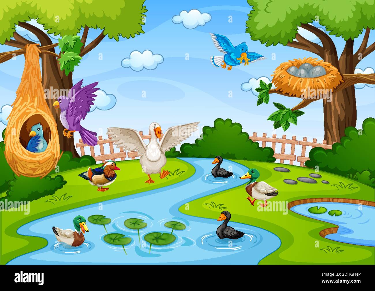 Stream in the forest scene with many birds illustration Stock Vector ...