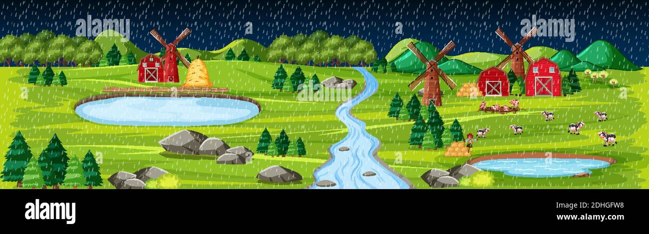Farm nature with barns landscape at night scene illustration Stock ...