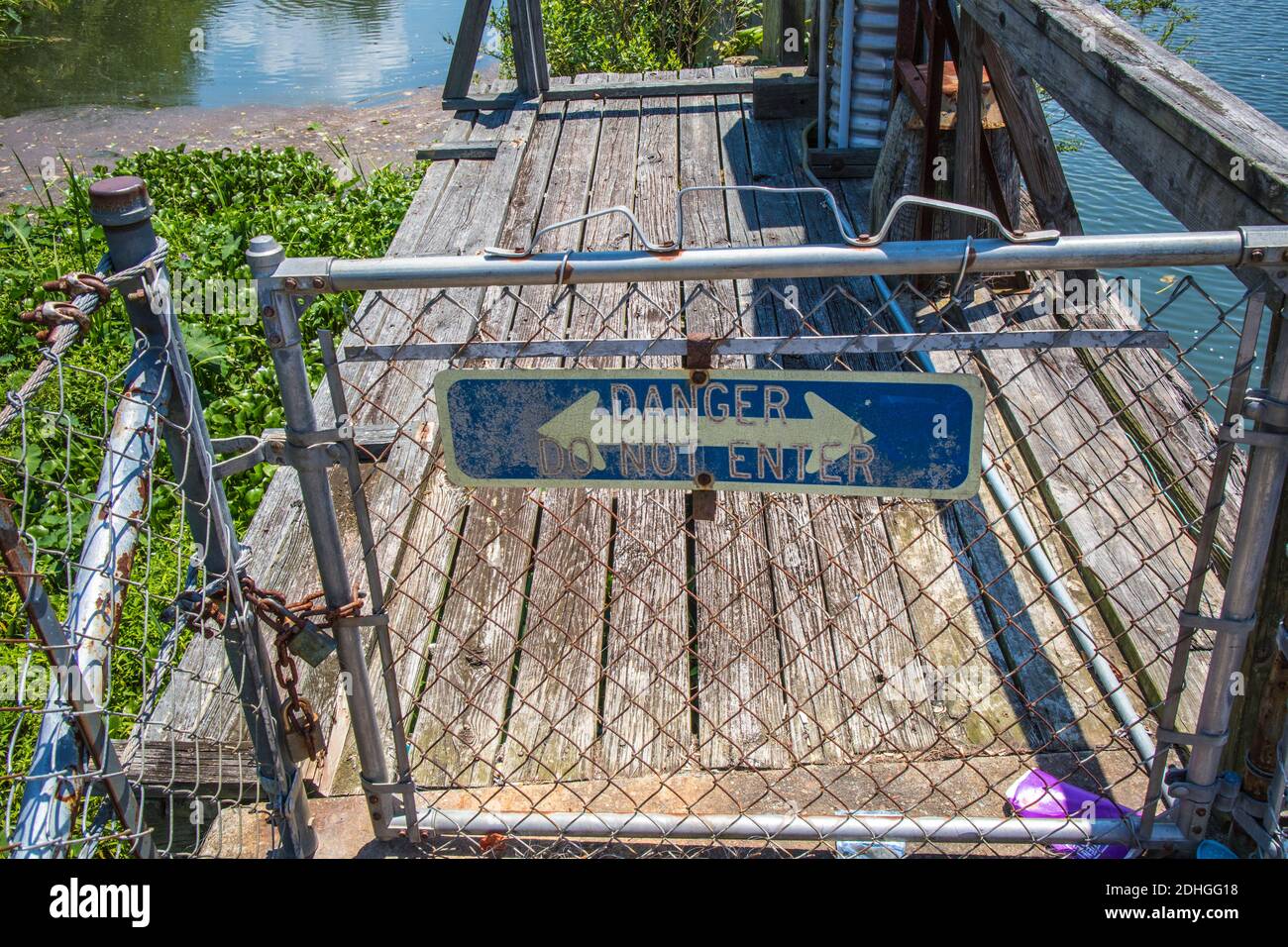 Augusta, Ga USA - 07 04 20: Lock aqnd Dam pad locked gate and danger ...