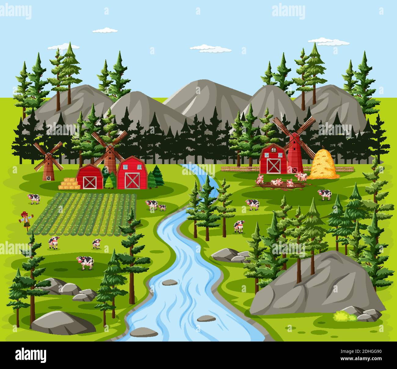 Farm nature with barns landscape scene illustration Stock Vector Image ...