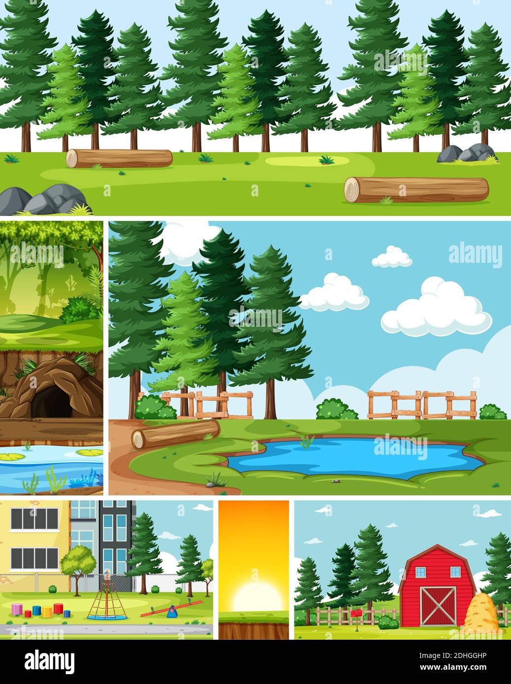 Six different scenes in nature setting cartoon style illustration Stock ...