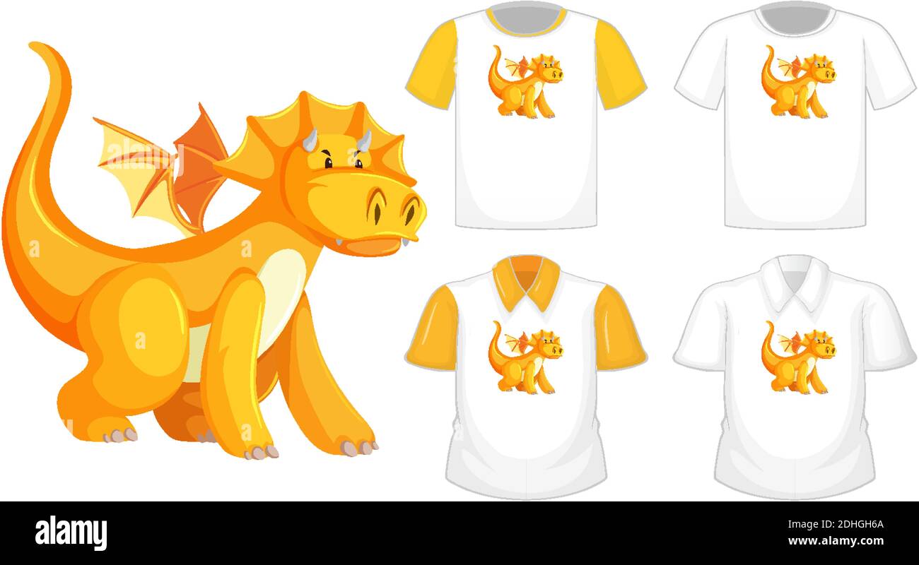 Dragon cartoon character logo on different white shirt with yellow ...