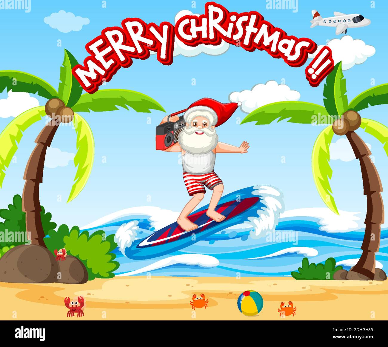 Santa Claus surfing at the beach for Summer Christmas illustration ...