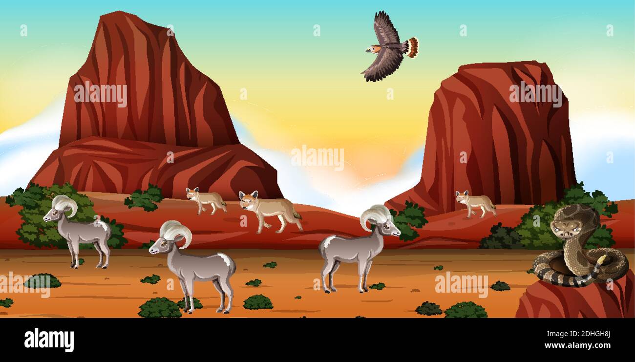 Desert with rock mountains and desert animals landscape at day scene ...