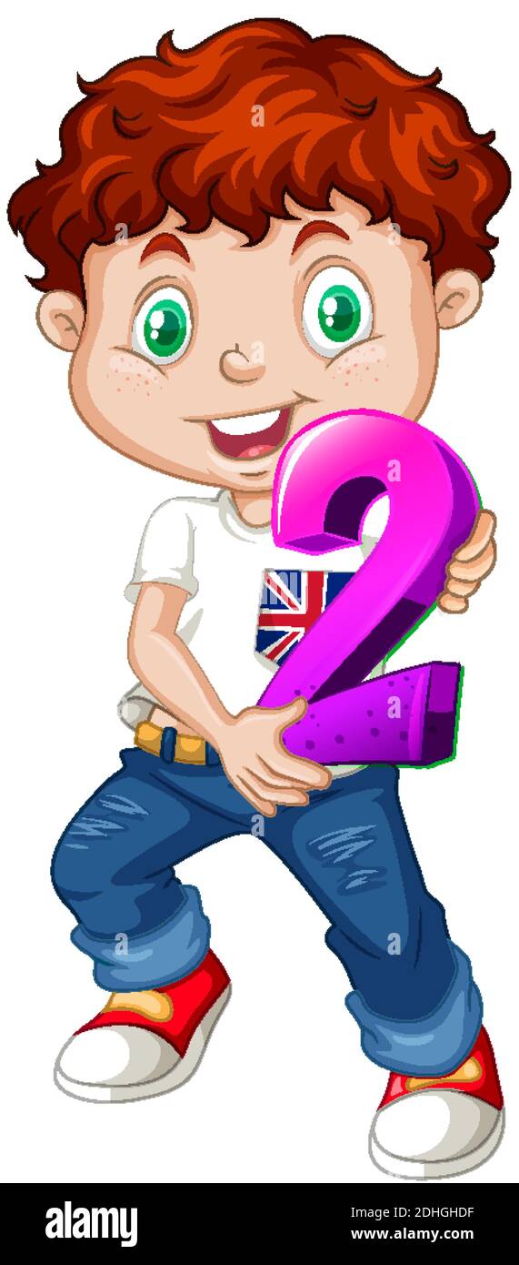 Cute boy with red hair holding math number two illustration Stock ...