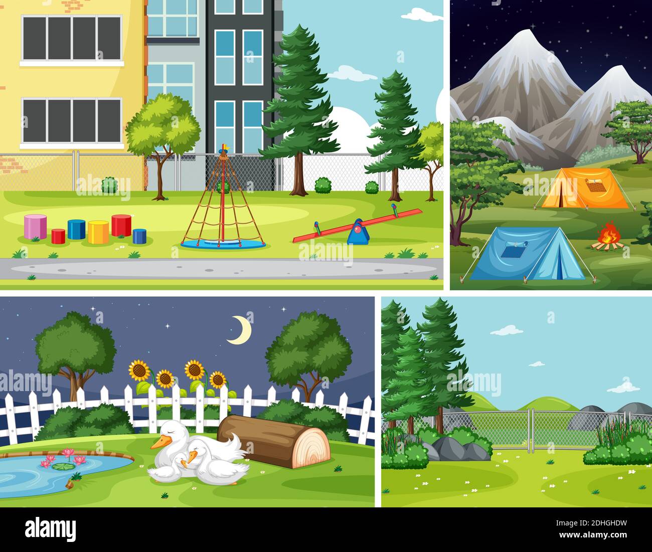 Four different scenes in nature setting cartoon style illustration ...