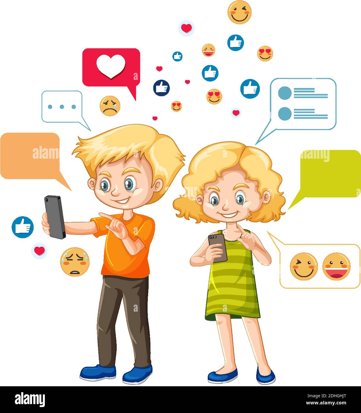 People are using smart phone and emoji icon cartoon character isolated ...