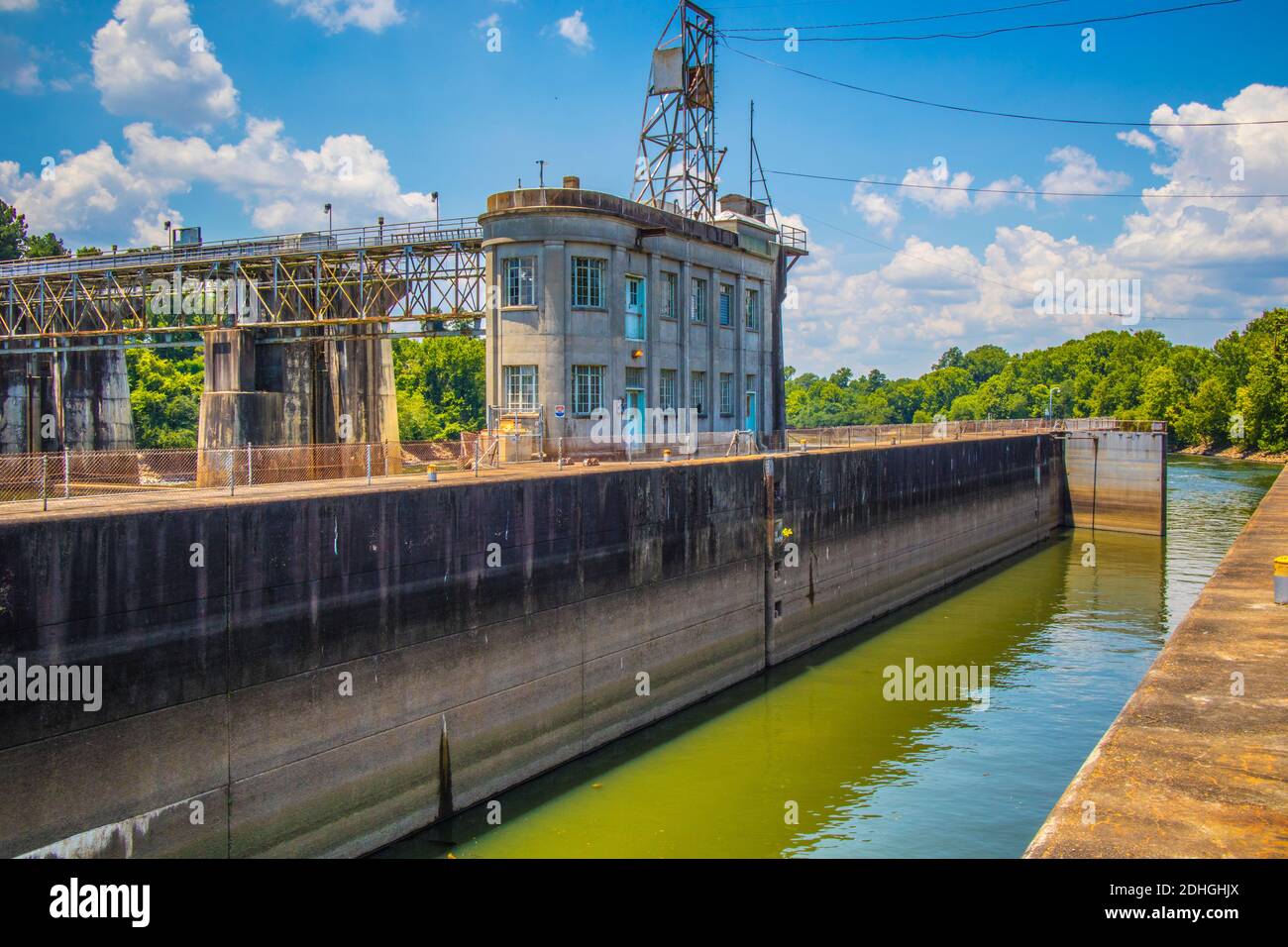 Augusta, Ga USA - 07 04 20: Lock and Dam concrete dam and green water ...