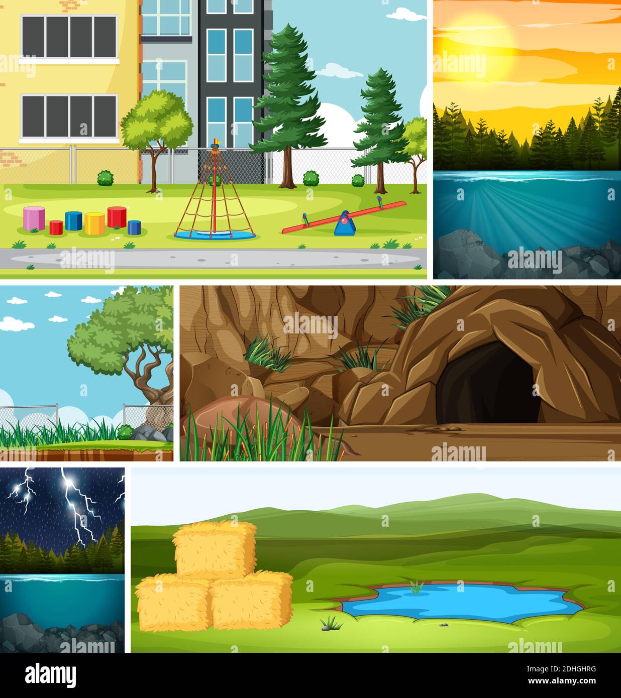 Six different scenes in nature setting cartoon style illustration Stock ...