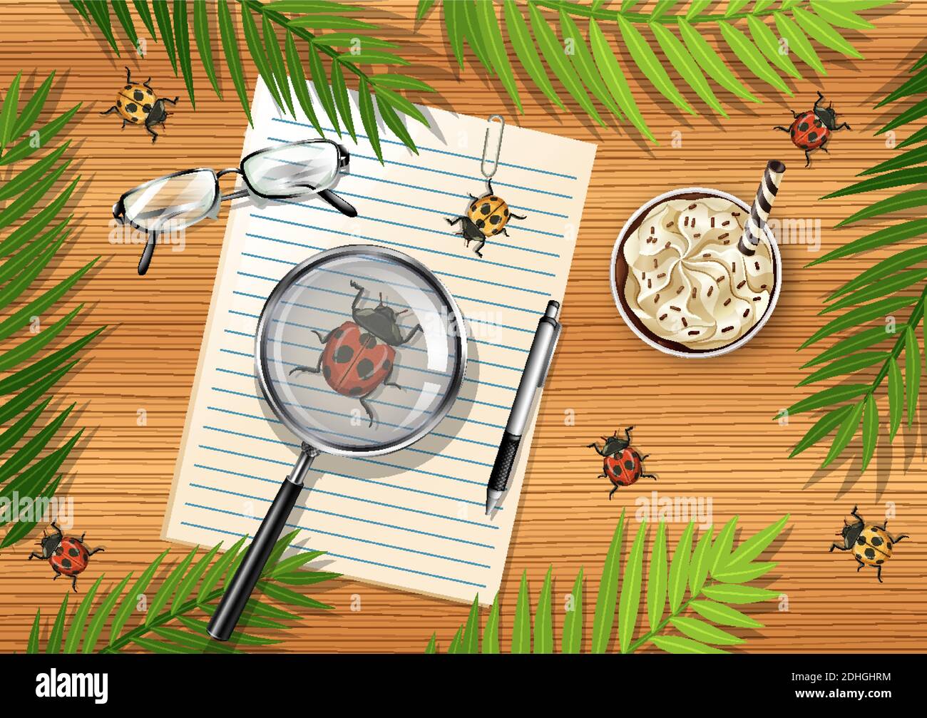 Top view of wooden table with office objects and leaves and insects ...