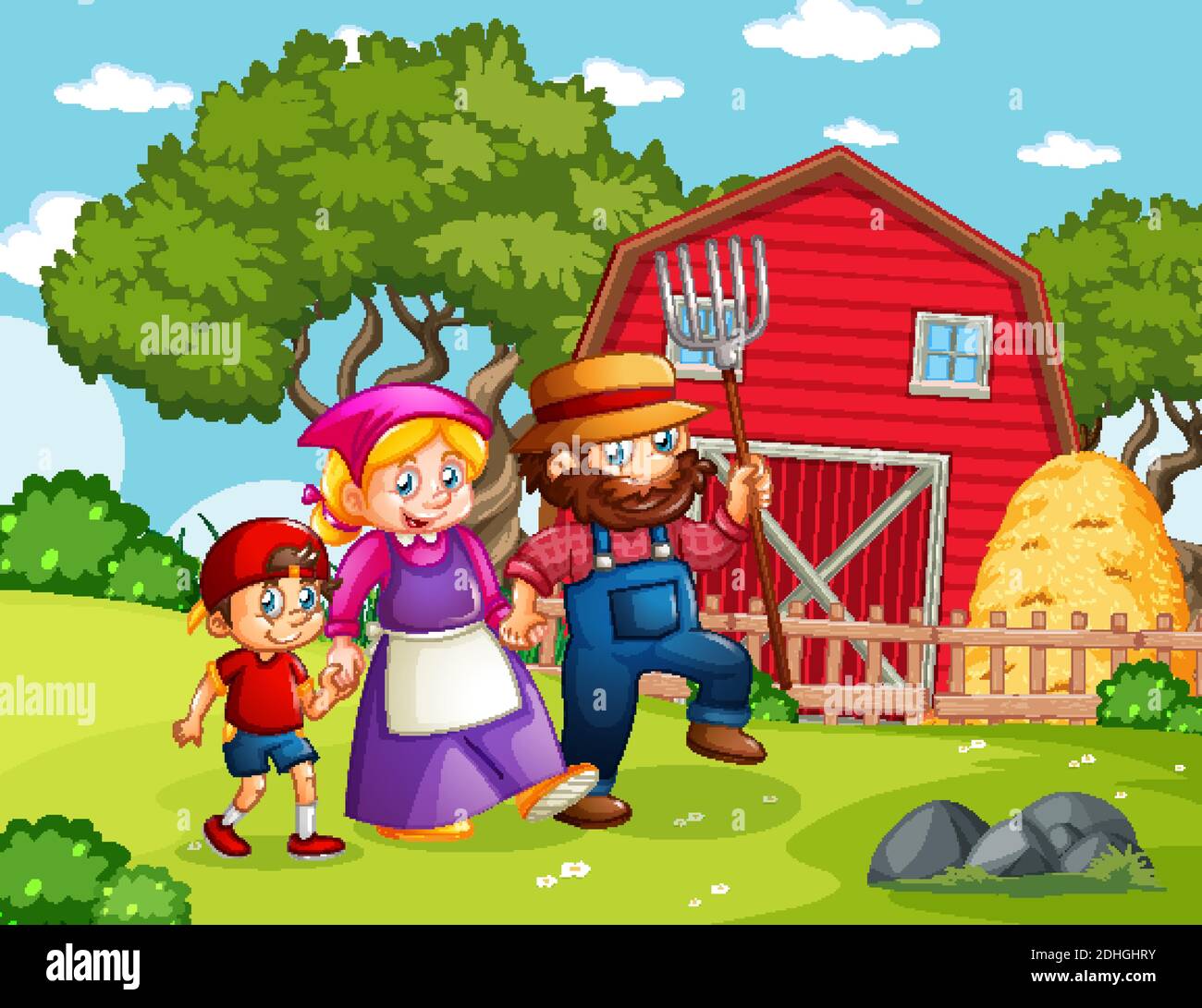 Happy family in farm scene in cartoon style illustration Stock Vector ...