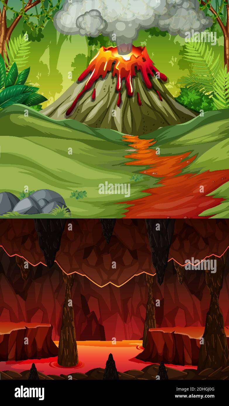 Volcano eruption in forest scene and infernal cave with lava scene ...