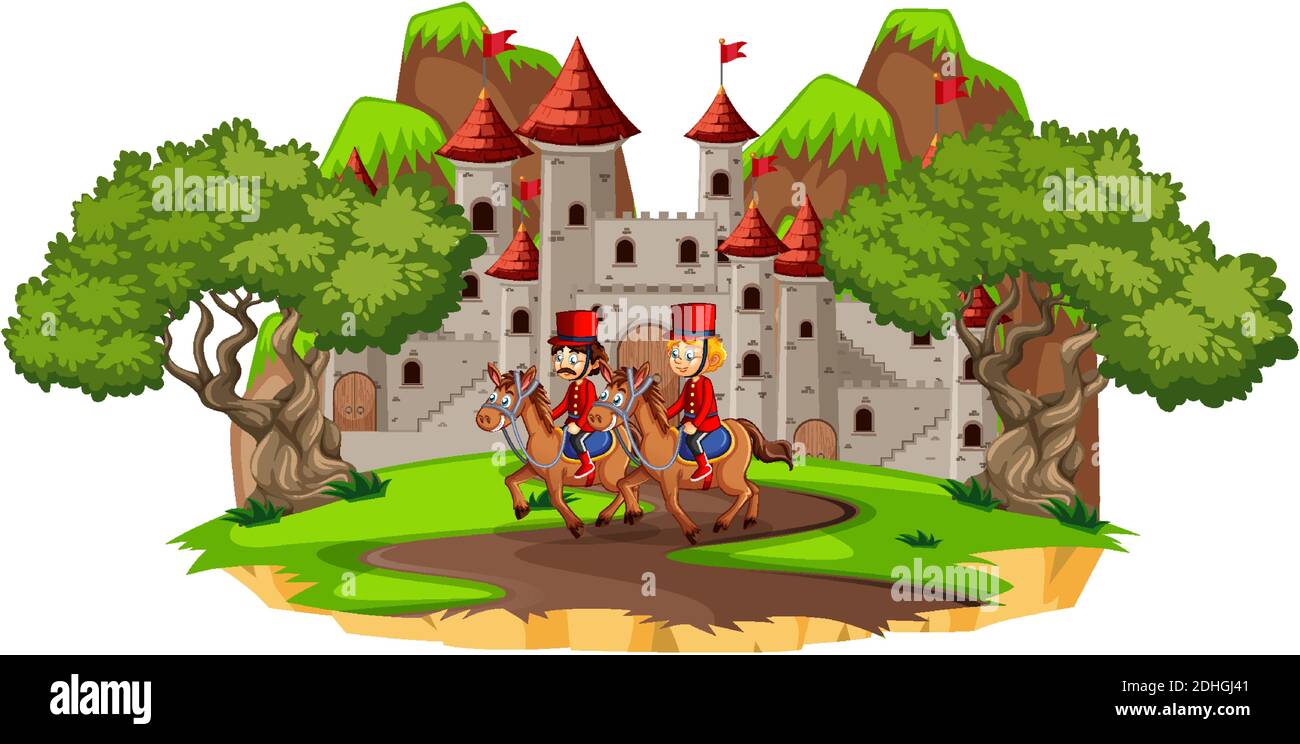Fairytale scene with castle and soldier royal guard on white background ...