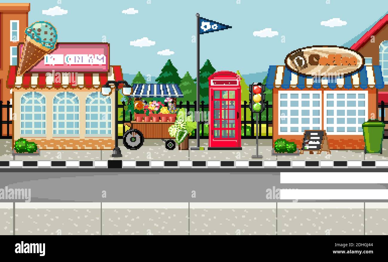Street side scene with ice cream shop and coffee shop scene ...