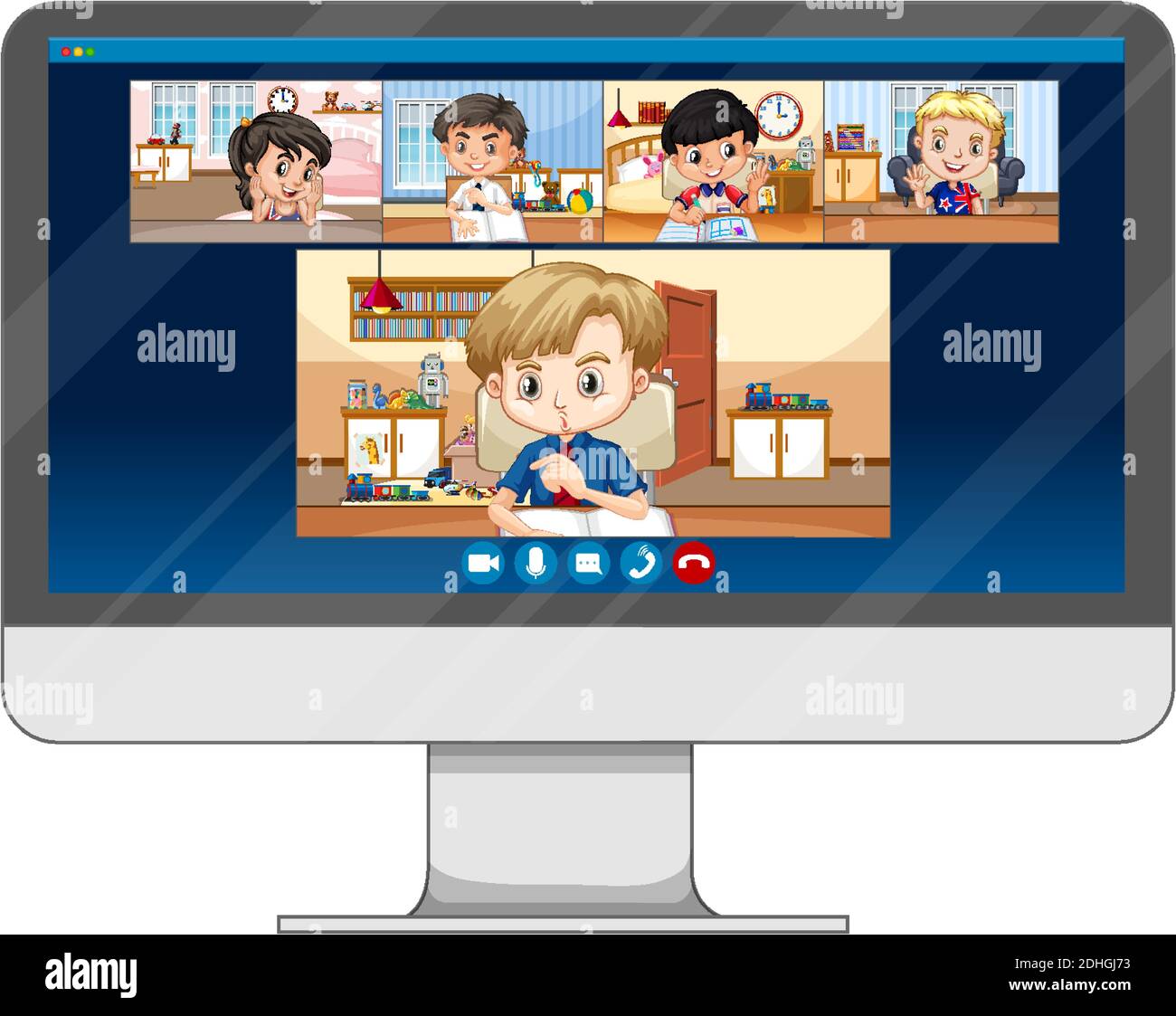 Student video chat online screen on computer screen on white background ...