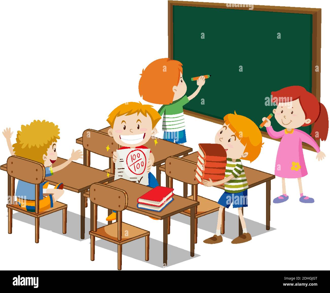Students with classroom elements on white background illustration Stock ...