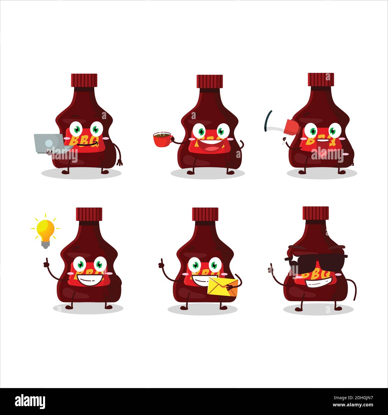 BBQ sauce cartoon character with various types of business emoticons ...