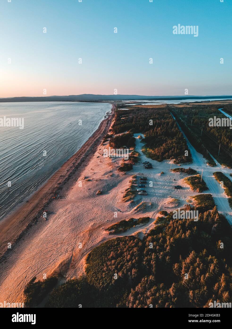 aerial of a sandy beach at sunset in newfoundland, canada Stock Photo ...