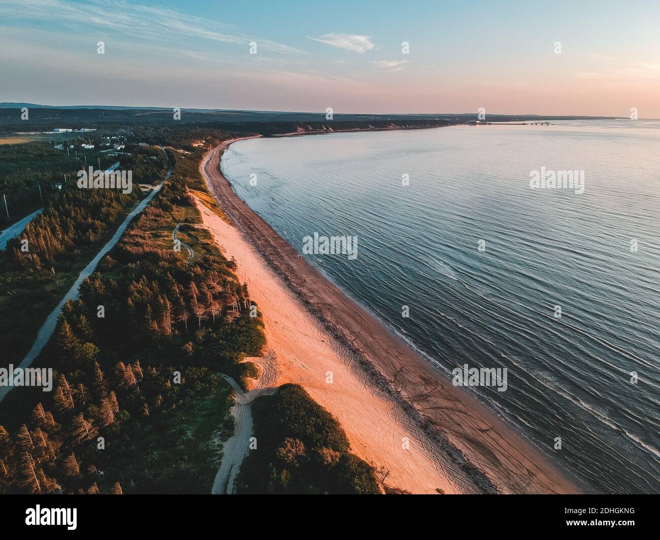 aerial of a sandy beach at sunset in newfoundland, canada Stock Photo ...
