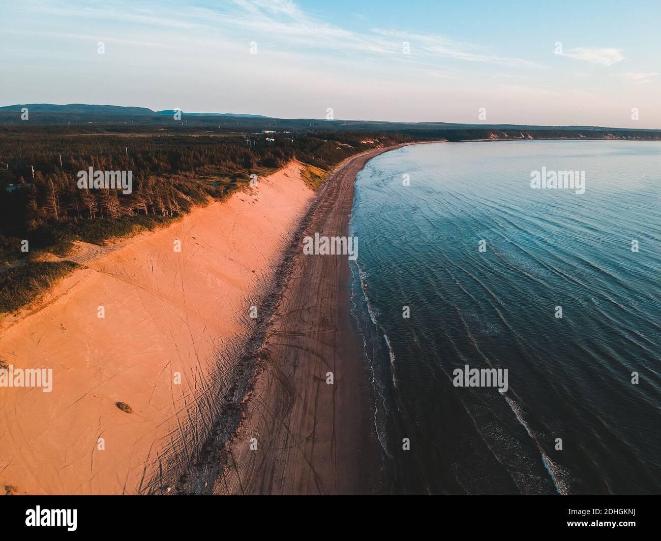aerial of a sandy beach at sunset in newfoundland, canada Stock Photo ...