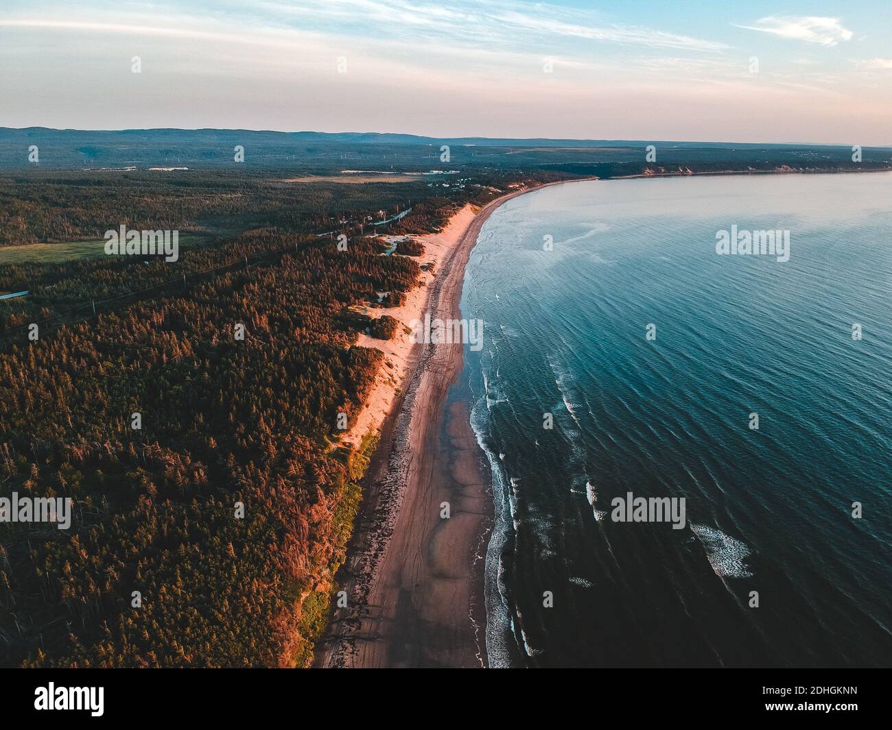 aerial of a sandy beach at sunset in newfoundland, canada Stock Photo ...