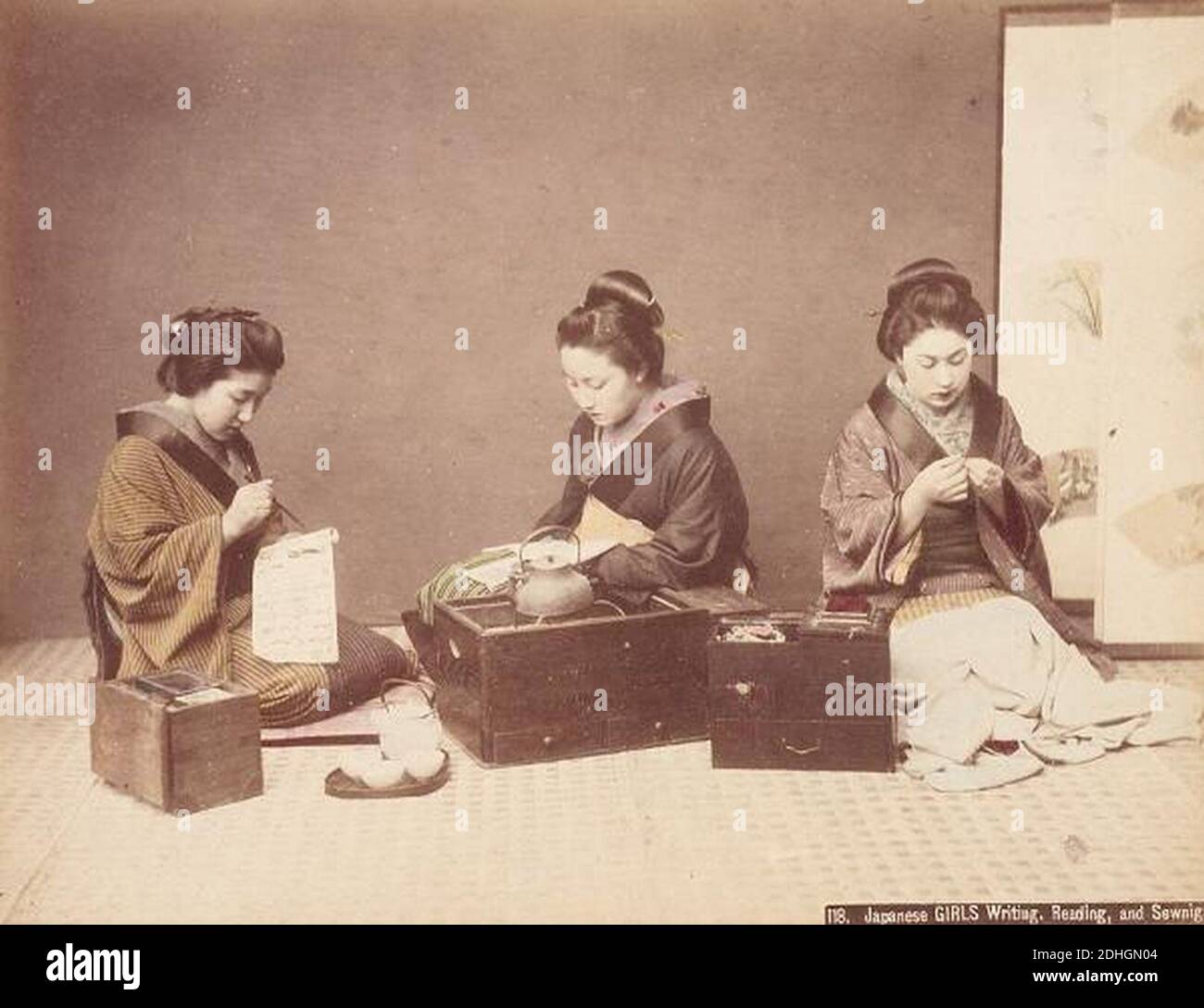 Kusakabe Kimbei - 118 Japanese Girls Writing Reading and Sewnig Stock ...